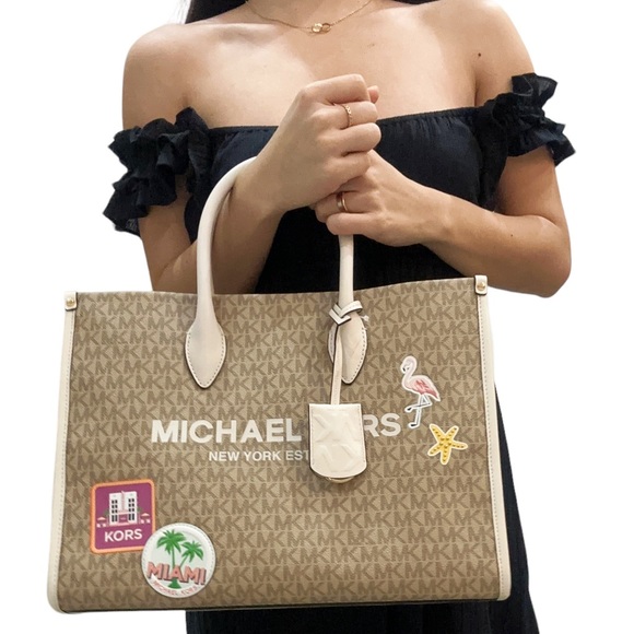 Michael Kors | Bags | Michael Kors Mirella East West Medium Tote Light Cream Multi Mk Signature ...